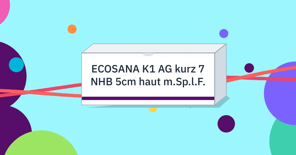 Symbolbild: Packung mit der Aufschrift ECOSANA K1 AG kurz 7 NHB 5cm haut m.Sp.l.F. (PZN 04730965) – Verfügbarkeit und Bezug in Apotheken in Frankfurt am Main
