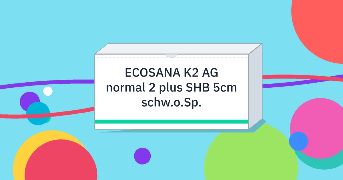 Symbolbild: Packung mit der Aufschrift ECOSANA K2 AG normal 2 plus SHB 5cm schw.o.Sp. (PZN 01387478) – Verfügbarkeit und Bezug in Apotheken in Frankfurt am Main