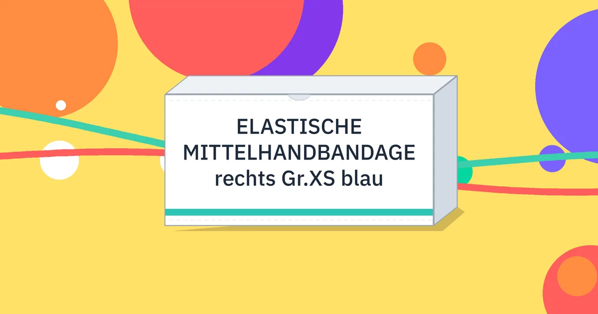 Symbolbild: Packung mit der Aufschrift ELASTISCHE MITTELHANDBANDAGE rechts Gr.XS blau (PZN 03315595) – Verfügbarkeit und Bezug in Apotheken in Frankfurt am Main