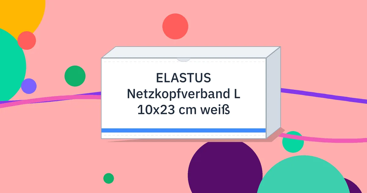 Symbolbild: Packung mit der Aufschrift ELASTUS Netzkopfverband L 10x23 cm weiß (PZN 17997196) – Verfügbarkeit und Bezug in Apotheken in Frankfurt am Main