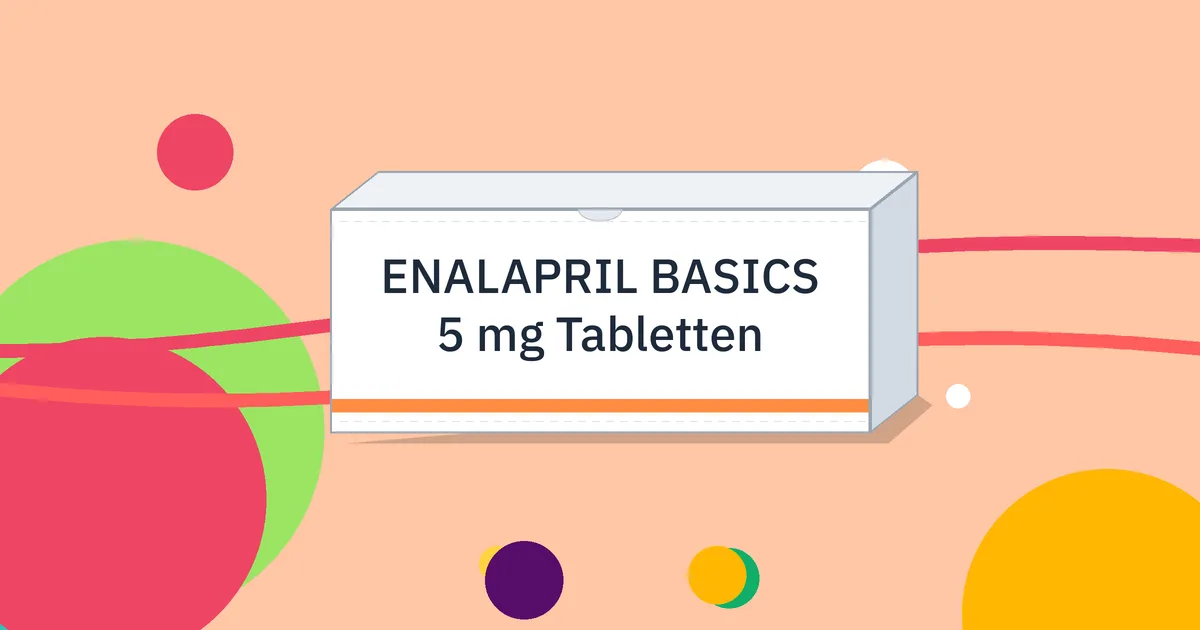 Symbolbild: Packung mit der Aufschrift ENALAPRIL BASICS 5 mg Tabletten (PZN 07129010) – Verfügbarkeit und Bezug in Apotheken in Frankfurt am Main