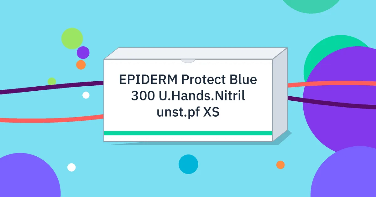 Symbolbild: Packung mit der Aufschrift EPIDERM Protect Blue 300 U.Hands.Nitril unst.pf XS (PZN 17896638) – Verfügbarkeit und Bezug in Apotheken in Frankfurt am Main