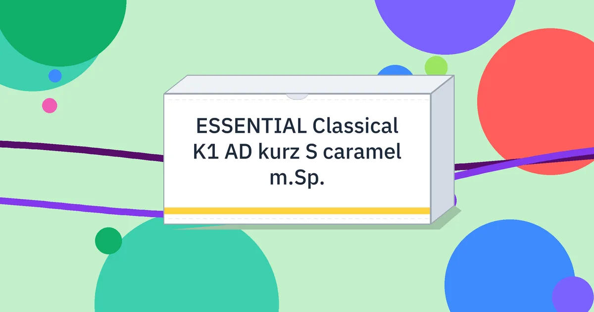 Symbolbild: Packung mit der Aufschrift ESSENTIAL Classical K1 AD kurz S caramel m.Sp. (PZN 17008589) – Verfügbarkeit und Bezug in Apotheken in Frankfurt am Main