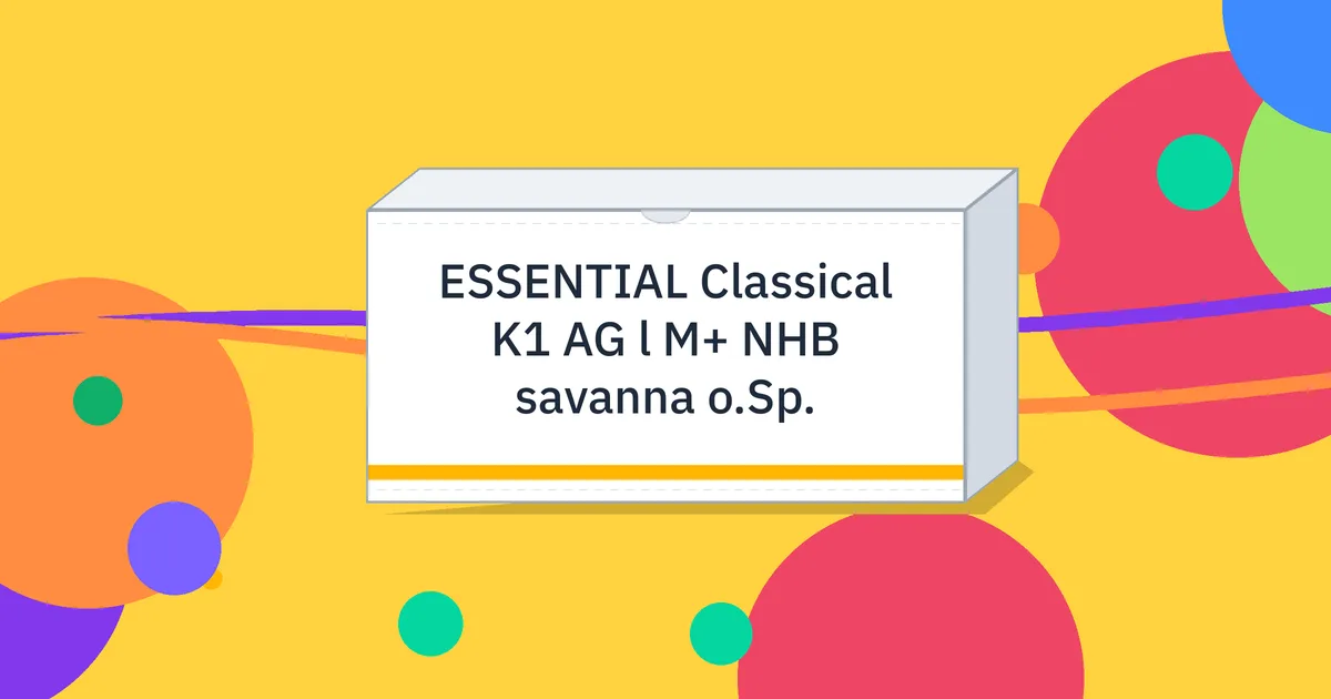 Symbolbild: Packung mit der Aufschrift ESSENTIAL Classical K1 AG l M+ NHB savanna o.Sp. (PZN 19308048) – Verfügbarkeit und Bezug in Apotheken in Frankfurt am Main
