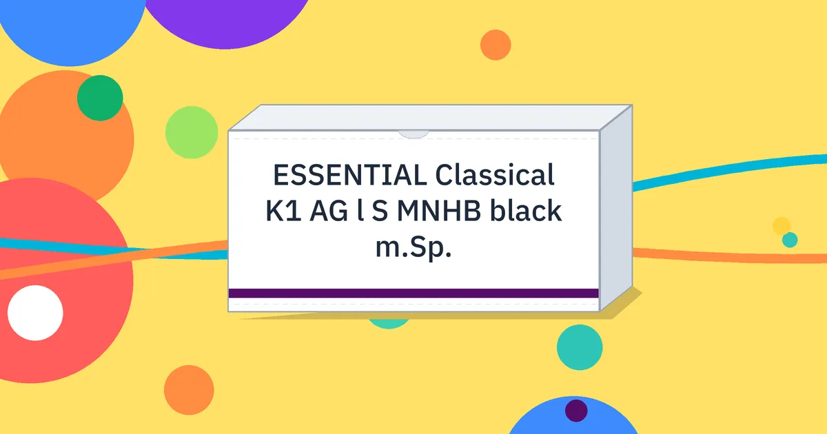 Symbolbild: Packung mit der Aufschrift ESSENTIAL Classical K1 AG l S MNHB black m.Sp. (PZN 19321184) – Verfügbarkeit und Bezug in Apotheken in Frankfurt am Main