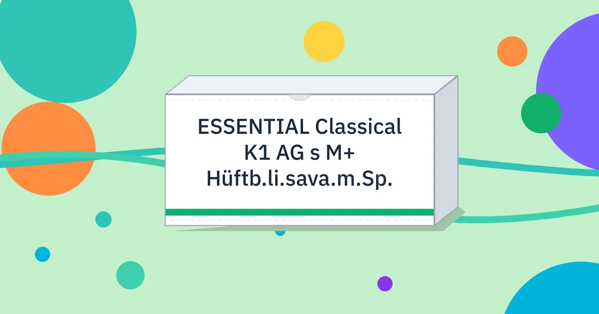 Symbolbild: Packung mit der Aufschrift ESSENTIAL Classical K1 AG s M+ Hüftb.li.sava.m.Sp. (PZN 17012763) – Verfügbarkeit und Bezug in Apotheken in Frankfurt am Main