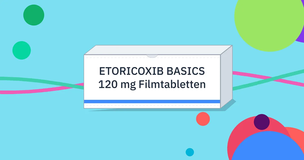 Symbolbild: Packung mit der Aufschrift ETORICOXIB BASICS 120 mg Filmtabletten (PZN 13153165) – Verfügbarkeit und Bezug in Apotheken in Frankfurt am Main