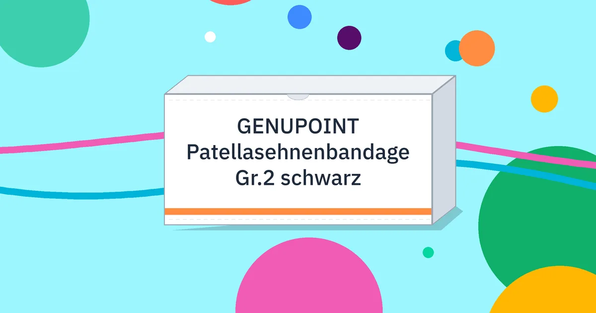 Symbolbild: Packung mit der Aufschrift GENUPOINT Patellasehnenbandage Gr.2 schwarz (PZN 11470950) – Verfügbarkeit und Bezug in Apotheken in Frankfurt am Main