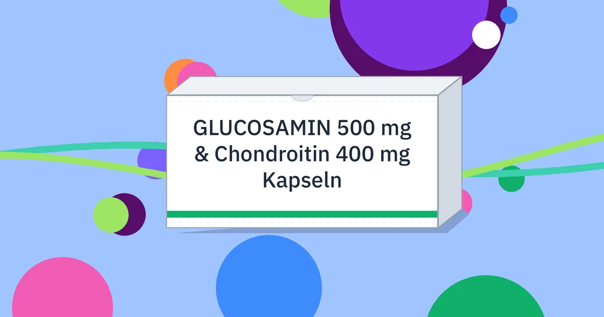 Symbolbild: Packung mit der Aufschrift GLUCOSAMIN 500 mg & Chondroitin 400 mg Kapseln (PZN 14439573) – Verfügbarkeit und Bezug in Apotheken in Frankfurt am Main