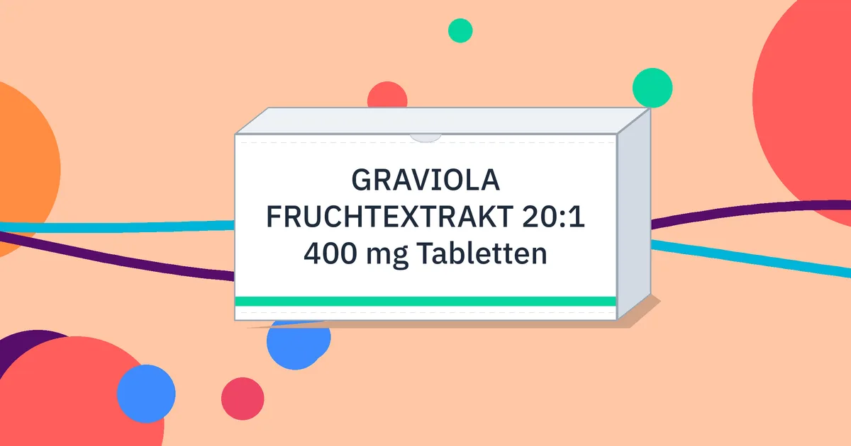 Symbolbild: Packung mit der Aufschrift GRAVIOLA FRUCHTEXTRAKT 20:1 400 mg Tabletten (PZN 11072184) – Verfügbarkeit und Bezug in Apotheken in Frankfurt am Main