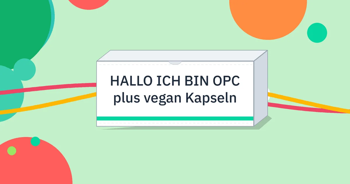 Symbolbild: Packung mit der Aufschrift HALLO ICH BIN OPC plus vegan Kapseln (PZN 14293945) – Verfügbarkeit und Bezug in Apotheken in Frankfurt am Main