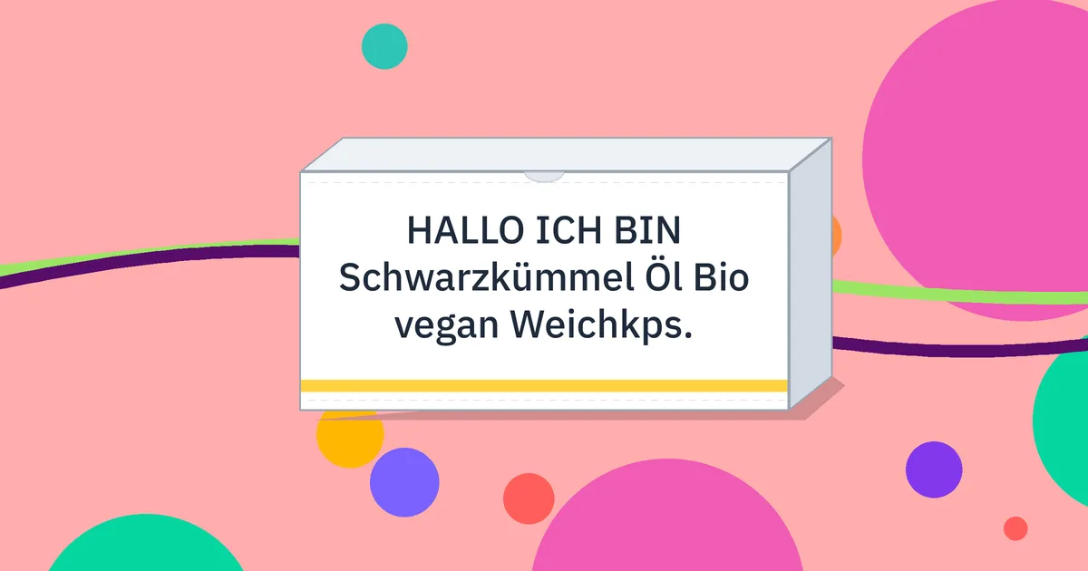 Symbolbild: Packung mit der Aufschrift HALLO ICH BIN Schwarzkümmel Öl Bio vegan Weichkps. (PZN 14293879) – Verfügbarkeit und Bezug in Apotheken in Frankfurt am Main