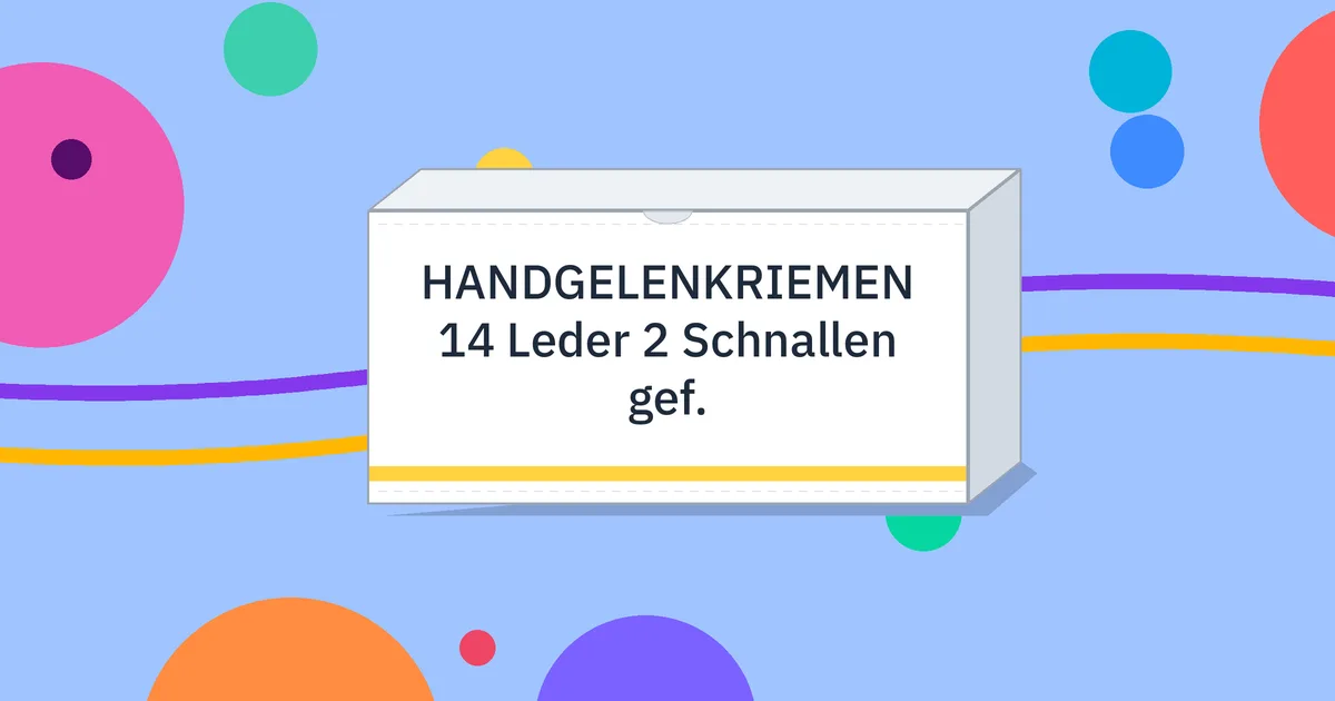 Symbolbild: Packung mit der Aufschrift HANDGELENKRIEMEN 14 Leder 2 Schnallen gef. (PZN 03230108) – Verfügbarkeit und Bezug in Apotheken in Frankfurt am Main