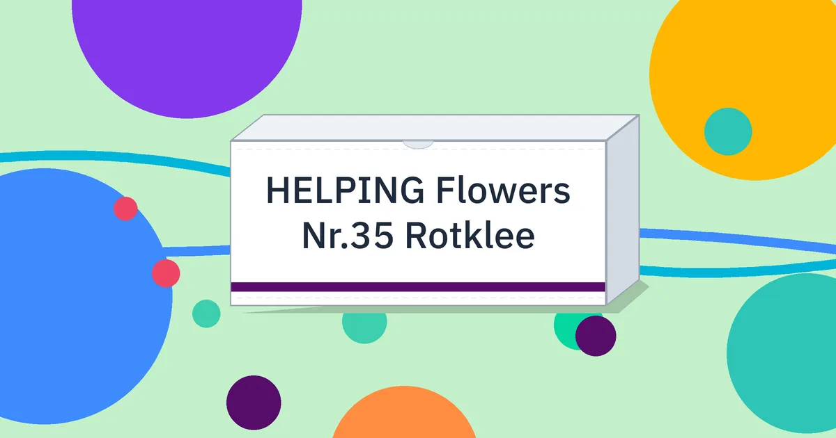 Symbolbild: Packung mit der Aufschrift HELPING Flowers Nr.35 Rotklee (PZN 12499996) – Verfügbarkeit und Bezug in Apotheken in Frankfurt am Main