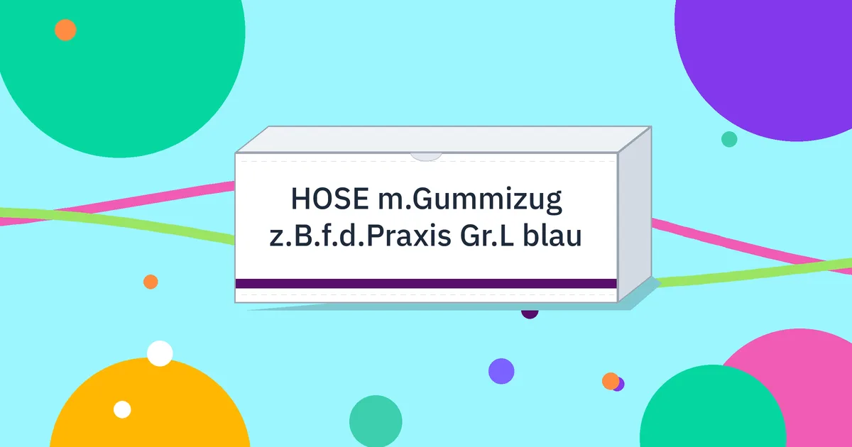 Symbolbild: Packung mit der Aufschrift HOSE m.Gummizug z.B.f.d.Praxis Gr.L blau (PZN 10403868) – Verfügbarkeit und Bezug in Apotheken in Frankfurt am Main