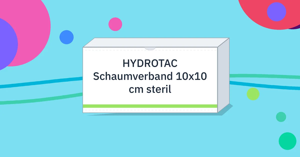 Symbolbild: Packung mit der Aufschrift HYDROTAC Schaumverband 10x10 cm steril (PZN 18035789) – Verfügbarkeit und Bezug in Apotheken in Frankfurt am Main