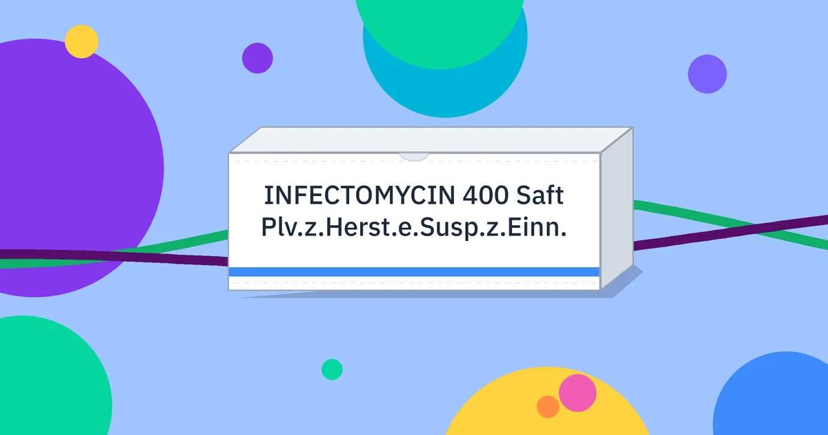 Symbolbild: Packung mit der Aufschrift INFECTOMYCIN 400 Saft Plv.z.Herst.e.Susp.z.Einn. (PZN 03977445) – Verfügbarkeit und Bezug in Apotheken in Frankfurt am Main