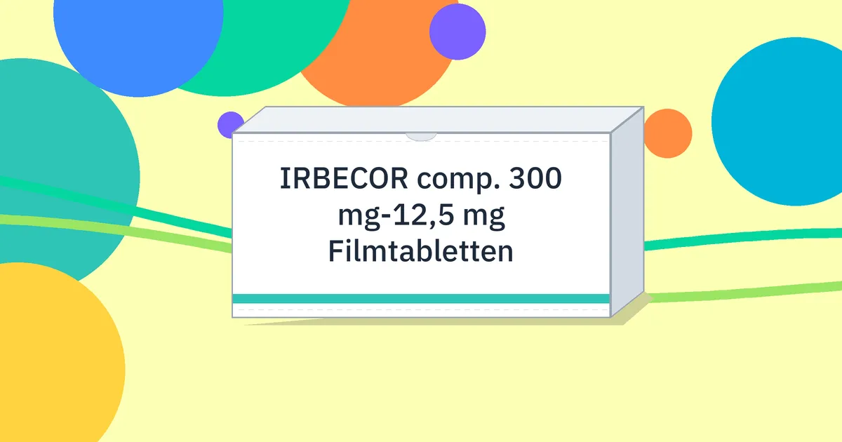 Symbolbild: Packung mit der Aufschrift IRBECOR comp. 300 mg-12,5 mg Filmtabletten (PZN 09765106) – Verfügbarkeit und Bezug in Apotheken in Frankfurt am Main