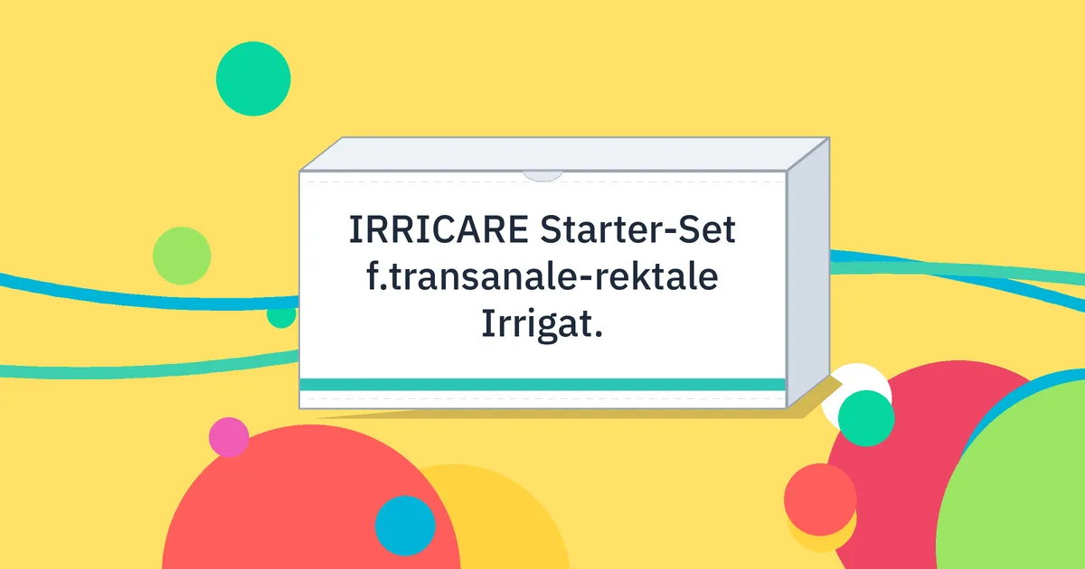 Symbolbild: Packung mit der Aufschrift IRRICARE Starter-Set f.transanale-rektale Irrigat. (PZN 19777197) – Verfügbarkeit und Bezug in Apotheken in Frankfurt am Main