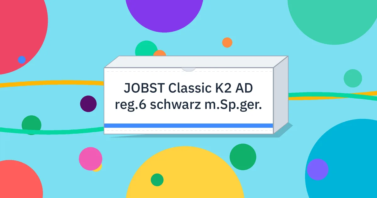 Symbolbild: Packung mit der Aufschrift JOBST Classic K2 AD reg.6 schwarz m.Sp.ger. (PZN 13062416) – Verfügbarkeit und Bezug in Apotheken in Frankfurt am Main