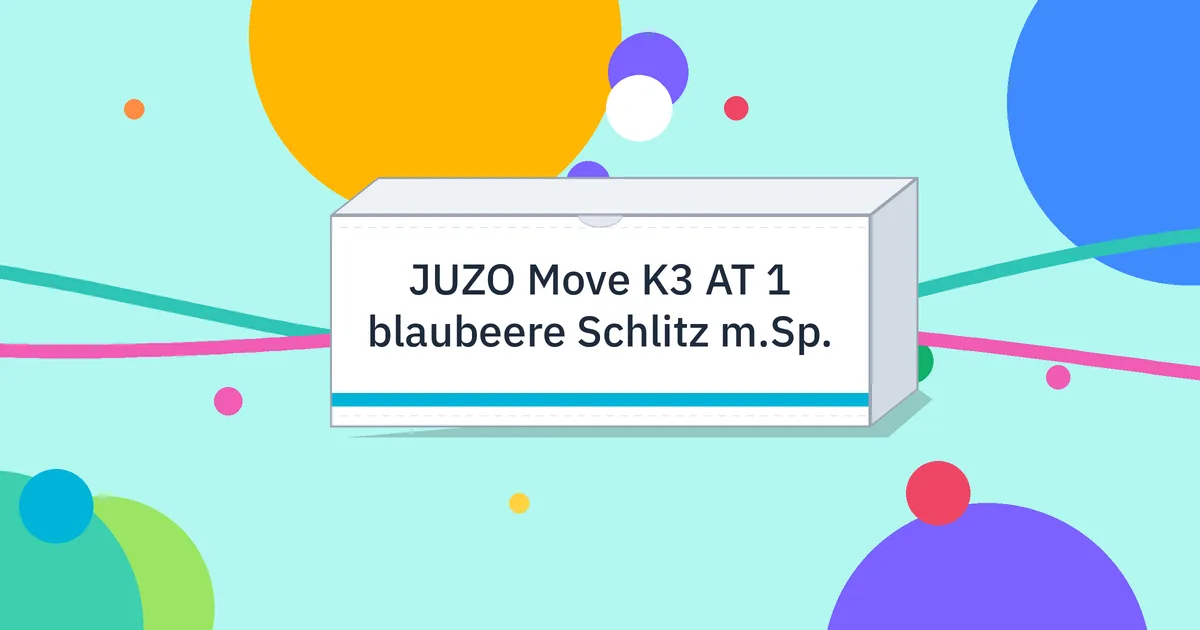 Symbolbild: Packung mit der Aufschrift JUZO Move K3 AT 1 blaubeere Schlitz m.Sp. (PZN 20677963) – Verfügbarkeit und Bezug in Apotheken in Frankfurt am Main
