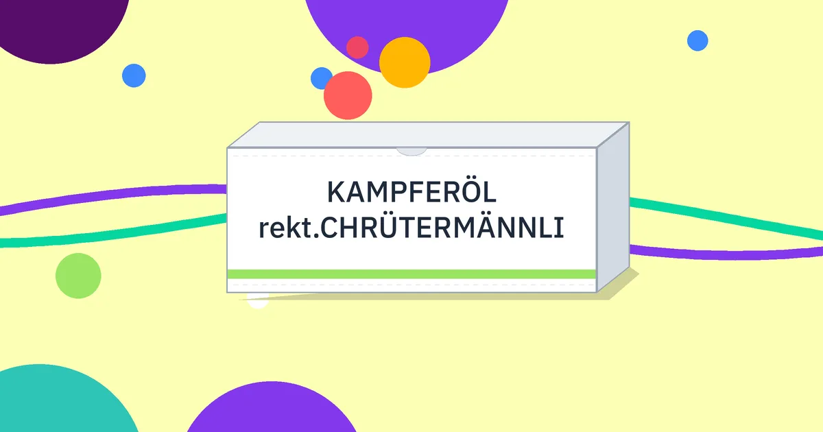 Symbolbild: Packung mit der Aufschrift KAMPFERÖL rekt.CHRÜTERMÄNNLI (PZN 07196779) – Verfügbarkeit und Bezug in Apotheken in Frankfurt am Main