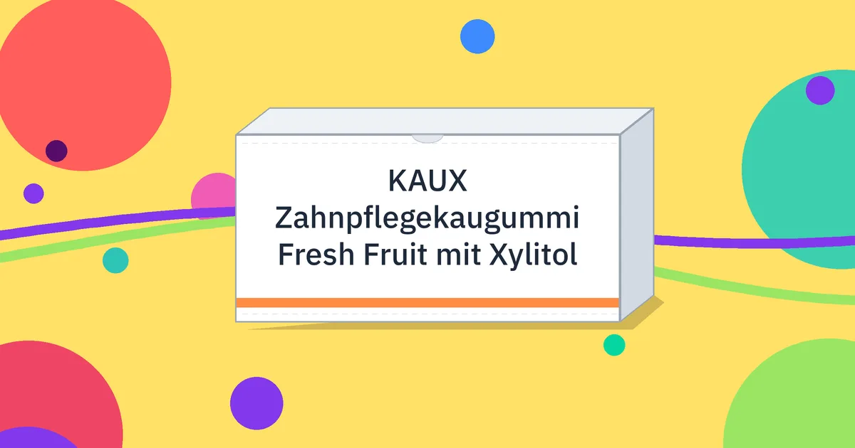 Symbolbild: Packung mit der Aufschrift KAUX Zahnpflegekaugummi Fresh Fruit mit Xylitol (PZN 10260506) – Verfügbarkeit und Bezug in Apotheken in Frankfurt am Main