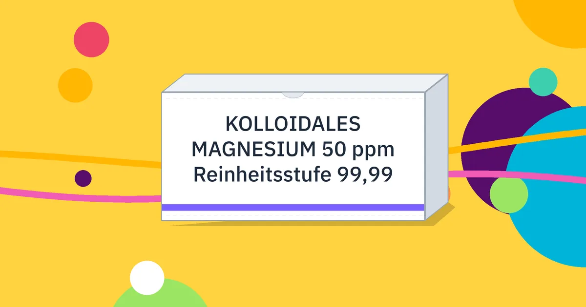Symbolbild: Packung mit der Aufschrift KOLLOIDALES MAGNESIUM 50 ppm Reinheitsstufe 99,99 (PZN 18209479) – Verfügbarkeit und Bezug in Apotheken in Frankfurt am Main