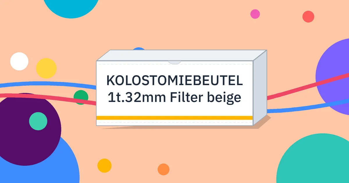 Symbolbild: Packung mit der Aufschrift KOLOSTOMIEBEUTEL 1t.32mm Filter beige (PZN 03831782) – Verfügbarkeit und Bezug in Apotheken in Frankfurt am Main