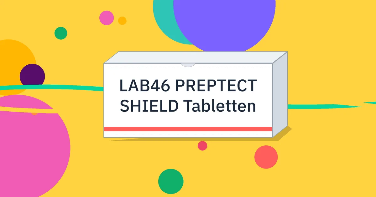 Symbolbild: Packung mit der Aufschrift LAB46 PREPTECT SHIELD Tabletten (PZN 20273326) – Verfügbarkeit und Bezug in Apotheken in Frankfurt am Main