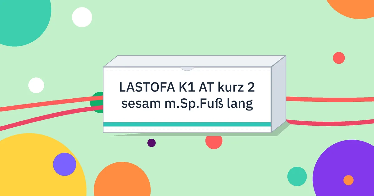 Symbolbild: Packung mit der Aufschrift LASTOFA K1 AT kurz 2 sesam m.Sp.Fuß lang (PZN 13795604) – Verfügbarkeit und Bezug in Apotheken in Frankfurt am Main