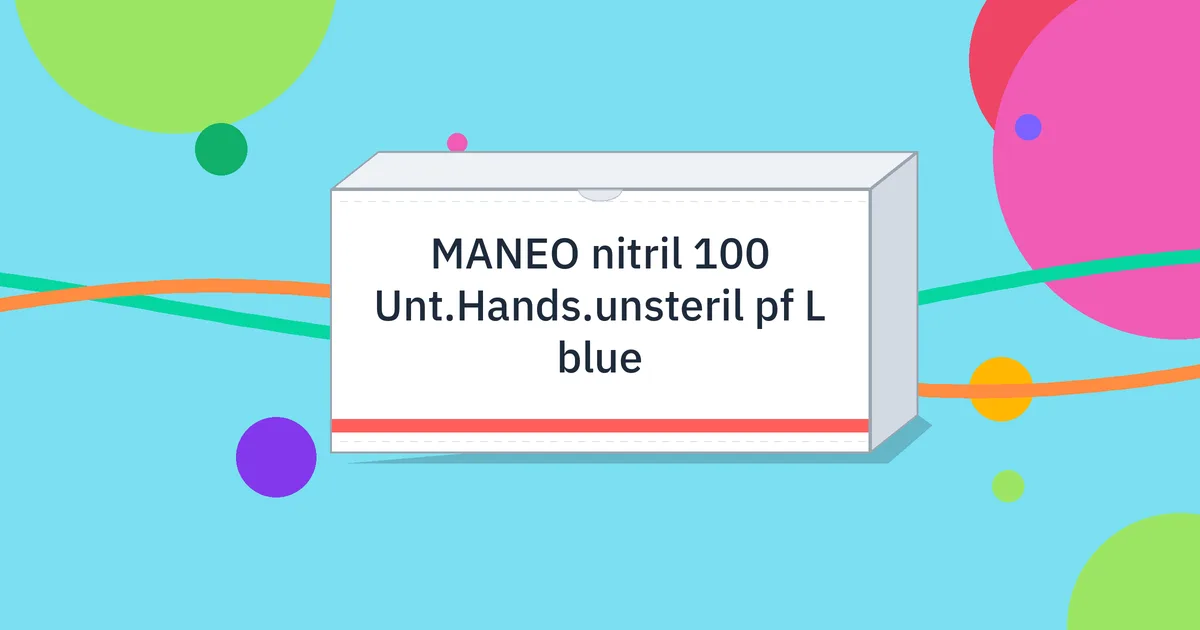 Symbolbild: Packung mit der Aufschrift MANEO nitril 100 Unt.Hands.unsteril pf L blue (PZN 19689843) – Verfügbarkeit und Bezug in Apotheken in Frankfurt am Main