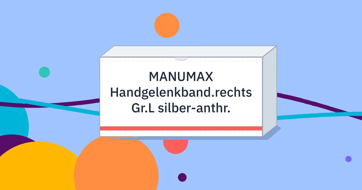 Symbolbild: Packung mit der Aufschrift MANUMAX Handgelenkband.rechts Gr.L silber-anthr. (PZN 11096836) – Verfügbarkeit und Bezug in Apotheken in Frankfurt am Main