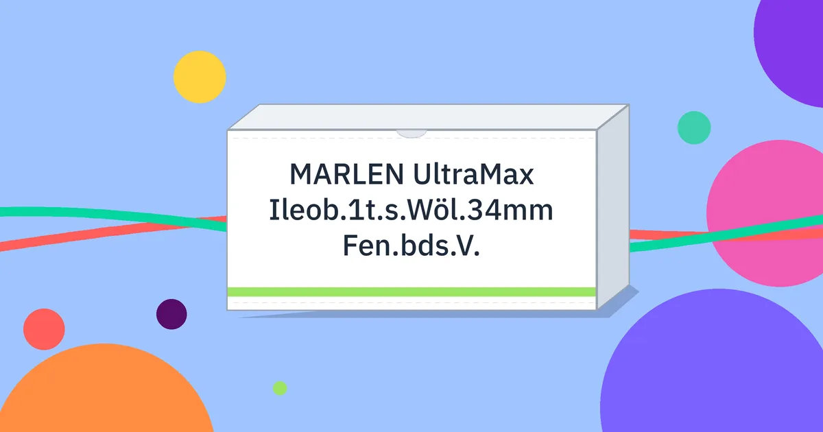 Symbolbild: Packung mit der Aufschrift MARLEN UltraMax Ileob.1t.s.Wöl.34mm Fen.bds.V. (PZN 03294019) – Verfügbarkeit und Bezug in Apotheken in Frankfurt am Main