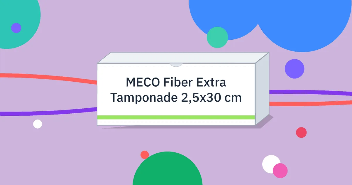 Symbolbild: Packung mit der Aufschrift MECO Fiber Extra Tamponade 2,5x30 cm (PZN 20516102) – Verfügbarkeit und Bezug in Apotheken in Frankfurt am Main