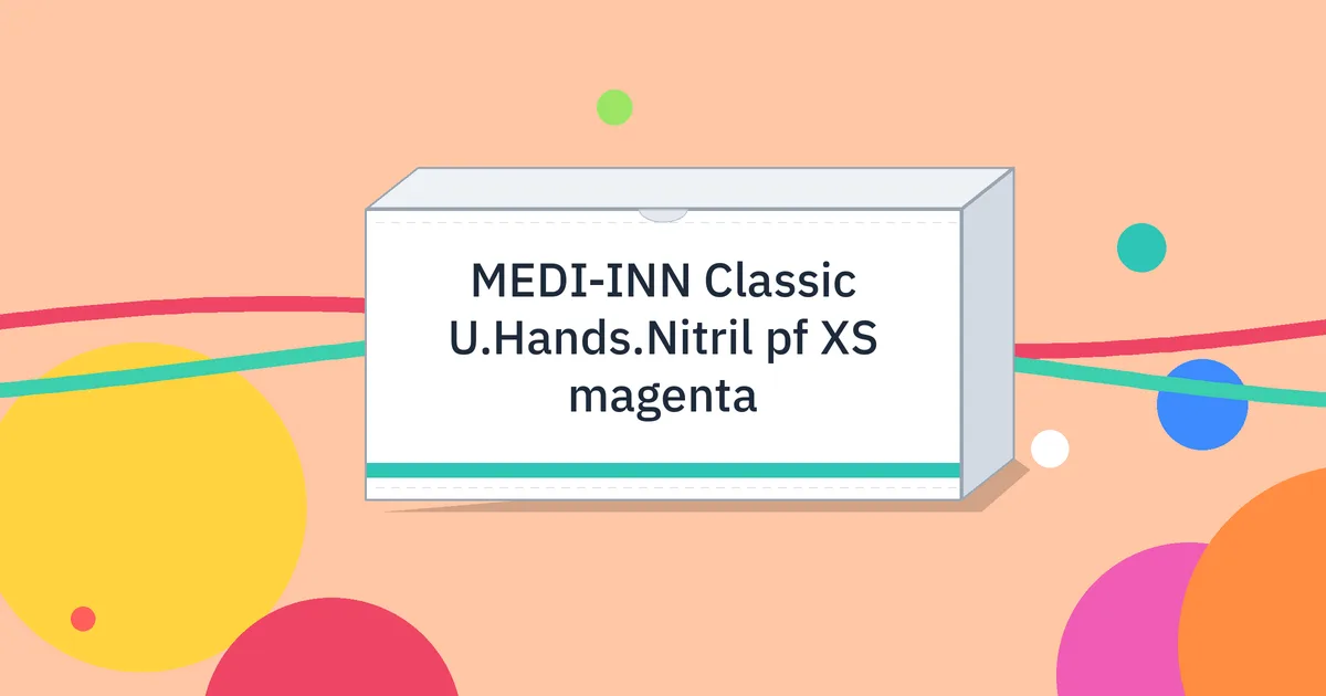 Symbolbild: Packung mit der Aufschrift MEDI-INN Classic U.Hands.Nitril pf XS magenta (PZN 18444944) – Verfügbarkeit und Bezug in Apotheken in Frankfurt am Main