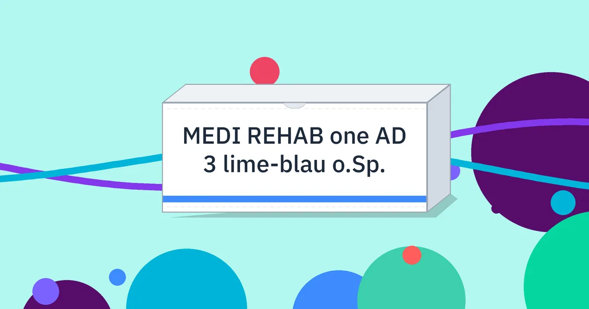 Symbolbild: Packung mit der Aufschrift MEDI REHAB one AD 3 lime-blau o.Sp. (PZN 18898119) – Verfügbarkeit und Bezug in Apotheken in Frankfurt am Main