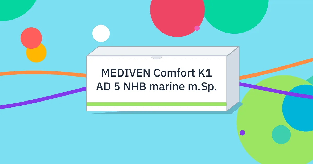 Symbolbild: Packung mit der Aufschrift MEDIVEN Comfort K1 AD 5 NHB marine m.Sp. (PZN 14560990) – Verfügbarkeit und Bezug in Apotheken in Frankfurt am Main