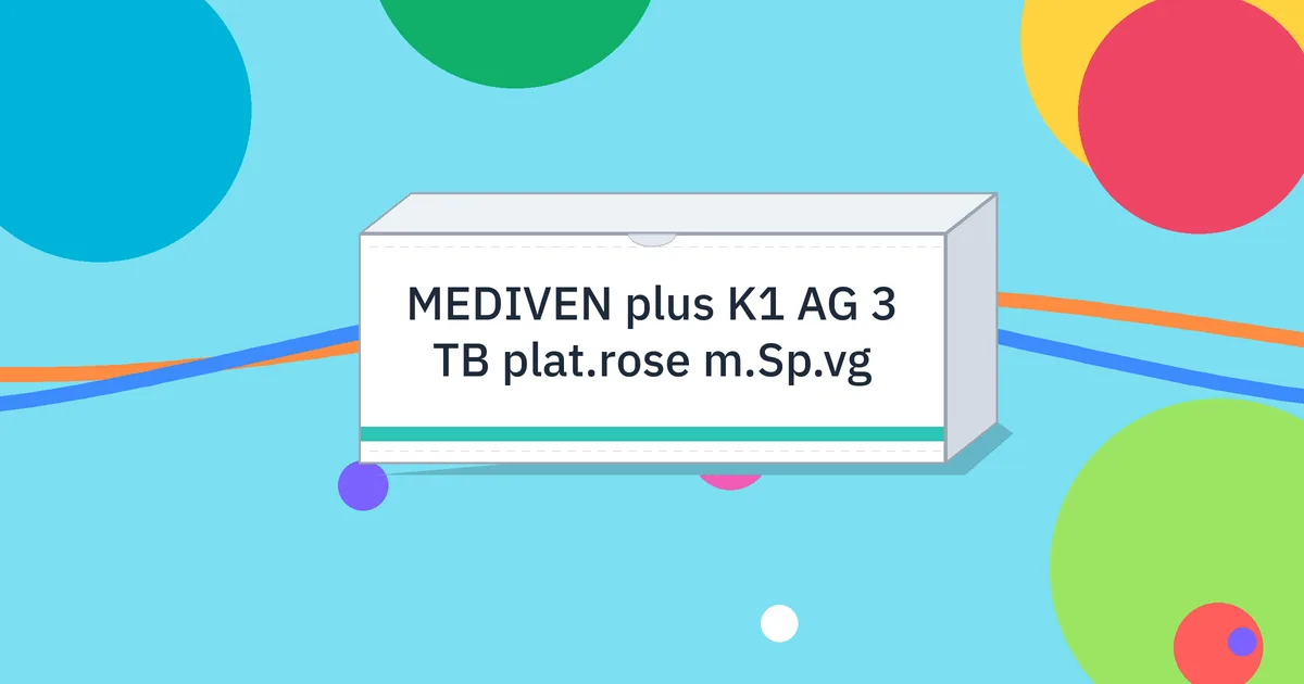 Symbolbild: Packung mit der Aufschrift MEDIVEN plus K1 AG 3 TB plat.rose m.Sp.vg (PZN 15060083) – Verfügbarkeit und Bezug in Apotheken in Frankfurt am Main