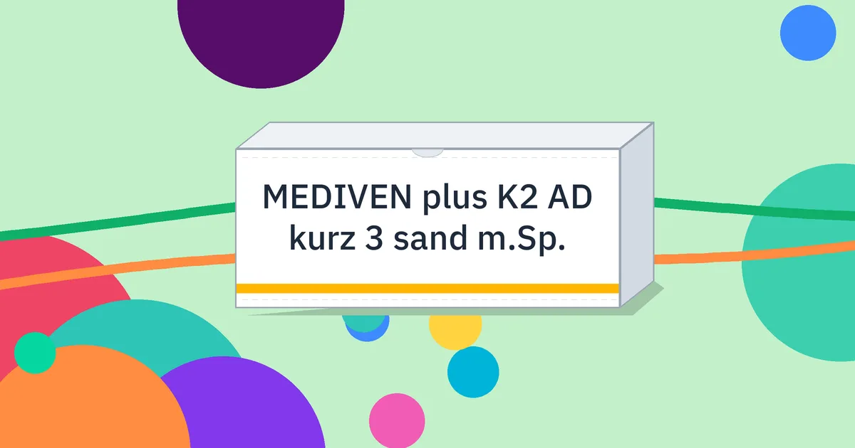Symbolbild: Packung mit der Aufschrift MEDIVEN plus K2 AD kurz 3 sand m.Sp. (PZN 18947065) – Verfügbarkeit und Bezug in Apotheken in Frankfurt am Main