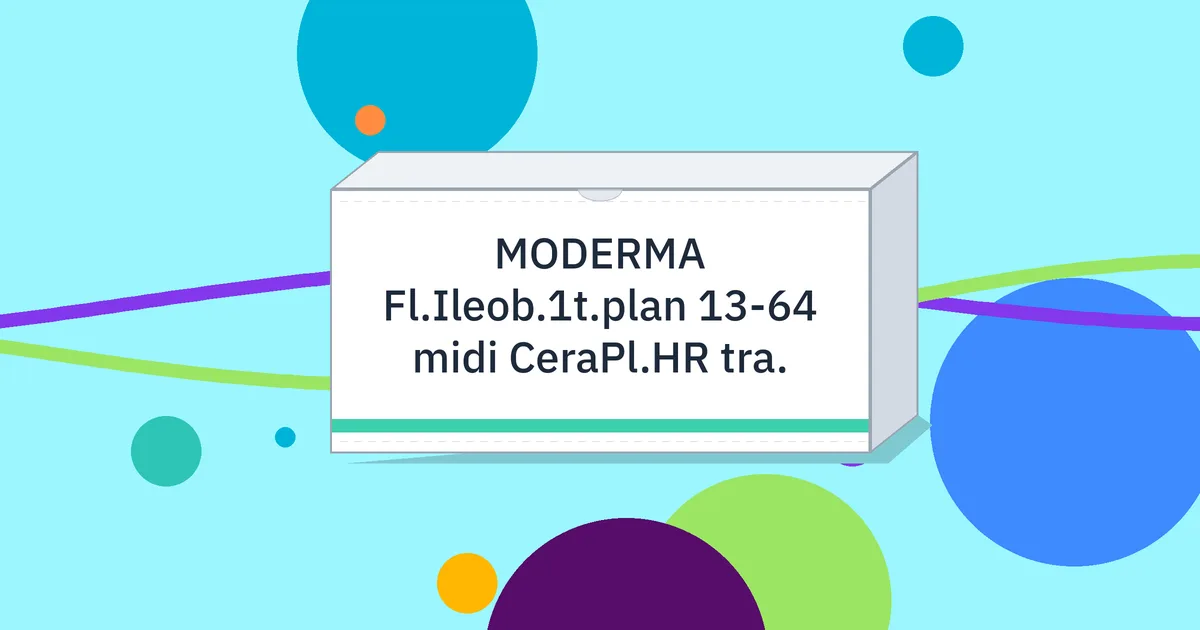 Symbolbild: Packung mit der Aufschrift MODERMA Fl.Ileob.1t.plan 13-64 midi CeraPl.HR tra. (PZN 16661092) – Verfügbarkeit und Bezug in Apotheken in Frankfurt am Main