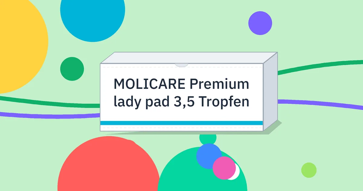 Symbolbild: Packung mit der Aufschrift MOLICARE Premium lady pad 3,5 Tropfen (PZN 15424763) – Verfügbarkeit und Bezug in Apotheken in Frankfurt am Main