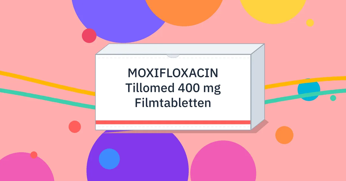 Symbolbild: Packung mit der Aufschrift MOXIFLOXACIN Tillomed 400 mg Filmtabletten (PZN 15238279) – Verfügbarkeit und Bezug in Apotheken in Frankfurt am Main