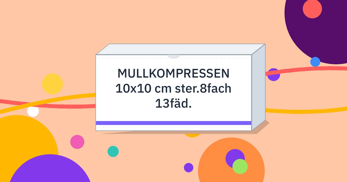 Symbolbild: Packung mit der Aufschrift MULLKOMPRESSEN 10x10 cm ster.8fach 13fäd. (PZN 06928921) – Verfügbarkeit und Bezug in Apotheken in Frankfurt am Main