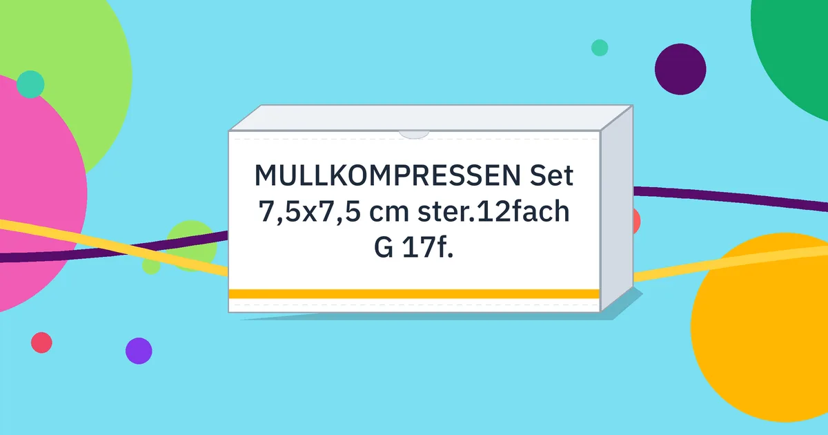 Symbolbild: Packung mit der Aufschrift MULLKOMPRESSEN Set 7,5x7,5 cm ster.12fach G 17f. (PZN 06930160) – Verfügbarkeit und Bezug in Apotheken in Frankfurt am Main