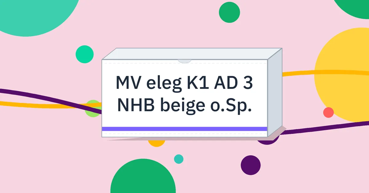 Symbolbild: Packung mit der Aufschrift MV eleg K1 AD 3 NHB beige o.Sp. (PZN 15675123) – Verfügbarkeit und Bezug in Apotheken in Frankfurt am Main