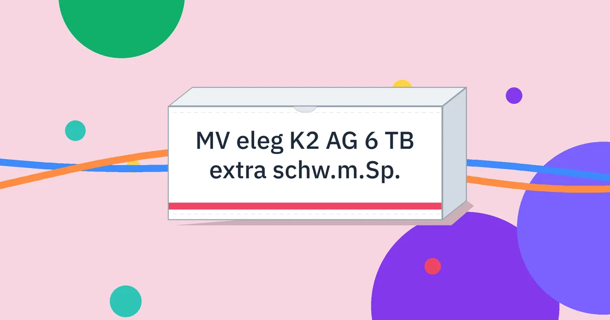 Symbolbild: Packung mit der Aufschrift MV eleg K2 AG 6 TB extra schw.m.Sp. (PZN 09877029) – Verfügbarkeit und Bezug in Apotheken in Frankfurt am Main
