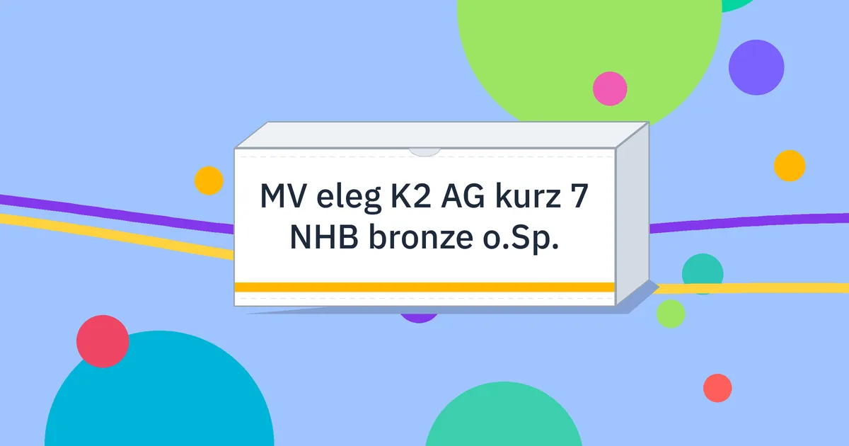 Symbolbild: Packung mit der Aufschrift MV eleg K2 AG kurz 7 NHB bronze o.Sp. (PZN 15716454) – Verfügbarkeit und Bezug in Apotheken in Frankfurt am Main