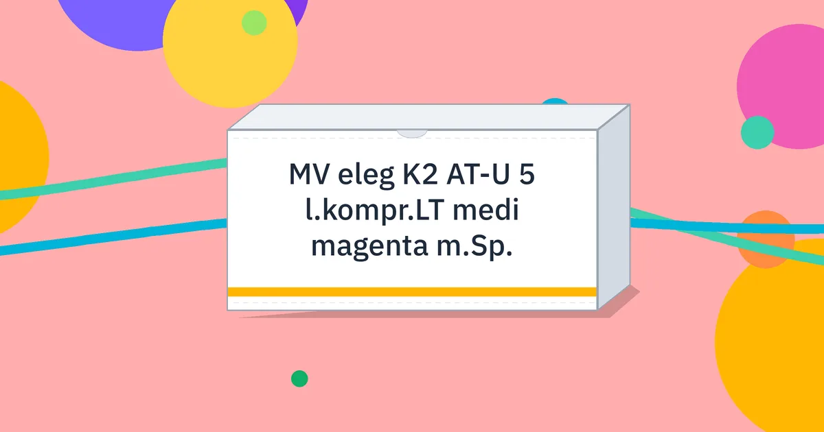 Symbolbild: Packung mit der Aufschrift MV eleg K2 AT-U 5 l.kompr.LT medi magenta m.Sp. (PZN 15289779) – Verfügbarkeit und Bezug in Apotheken in Frankfurt am Main