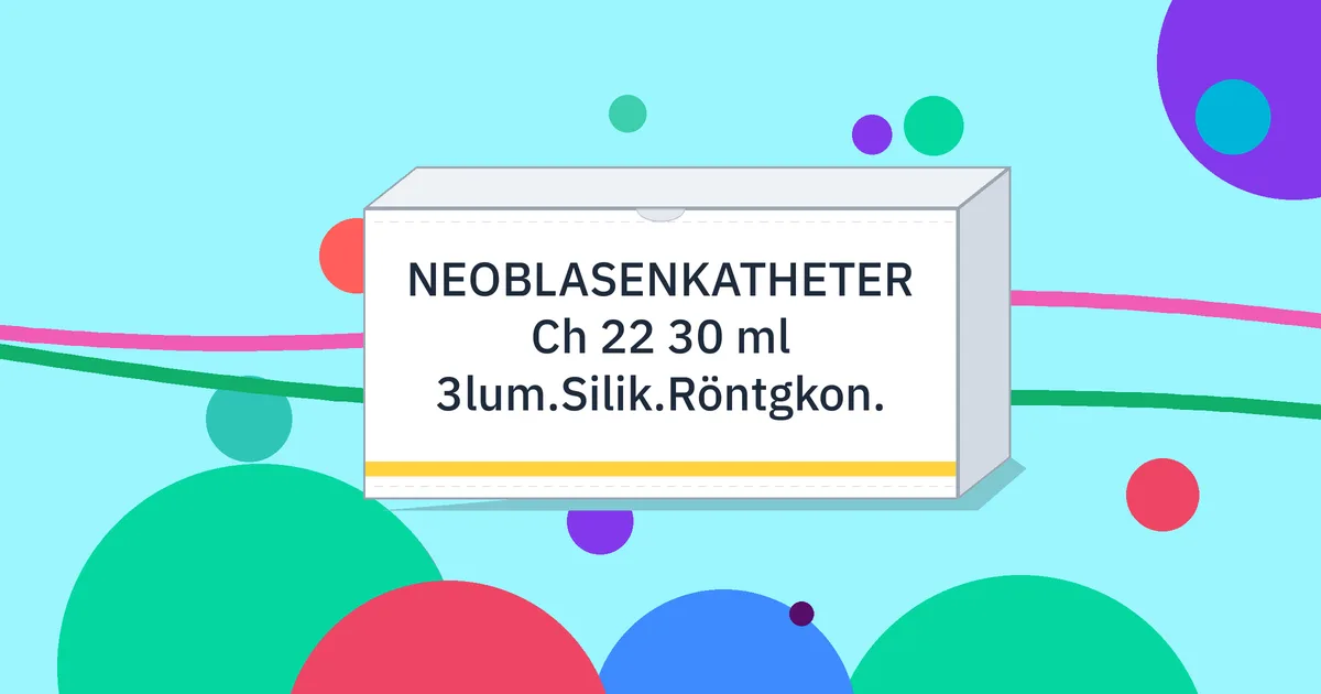 Symbolbild: Packung mit der Aufschrift NEOBLASENKATHETER Ch 22 30 ml 3lum.Silik.Röntgkon. (PZN 17508168) – Verfügbarkeit und Bezug in Apotheken in Frankfurt am Main